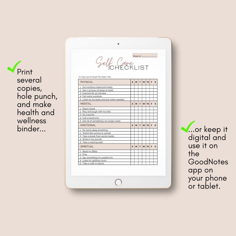 Rose Printable Self Care Checklist for Stress Management Self Care ...