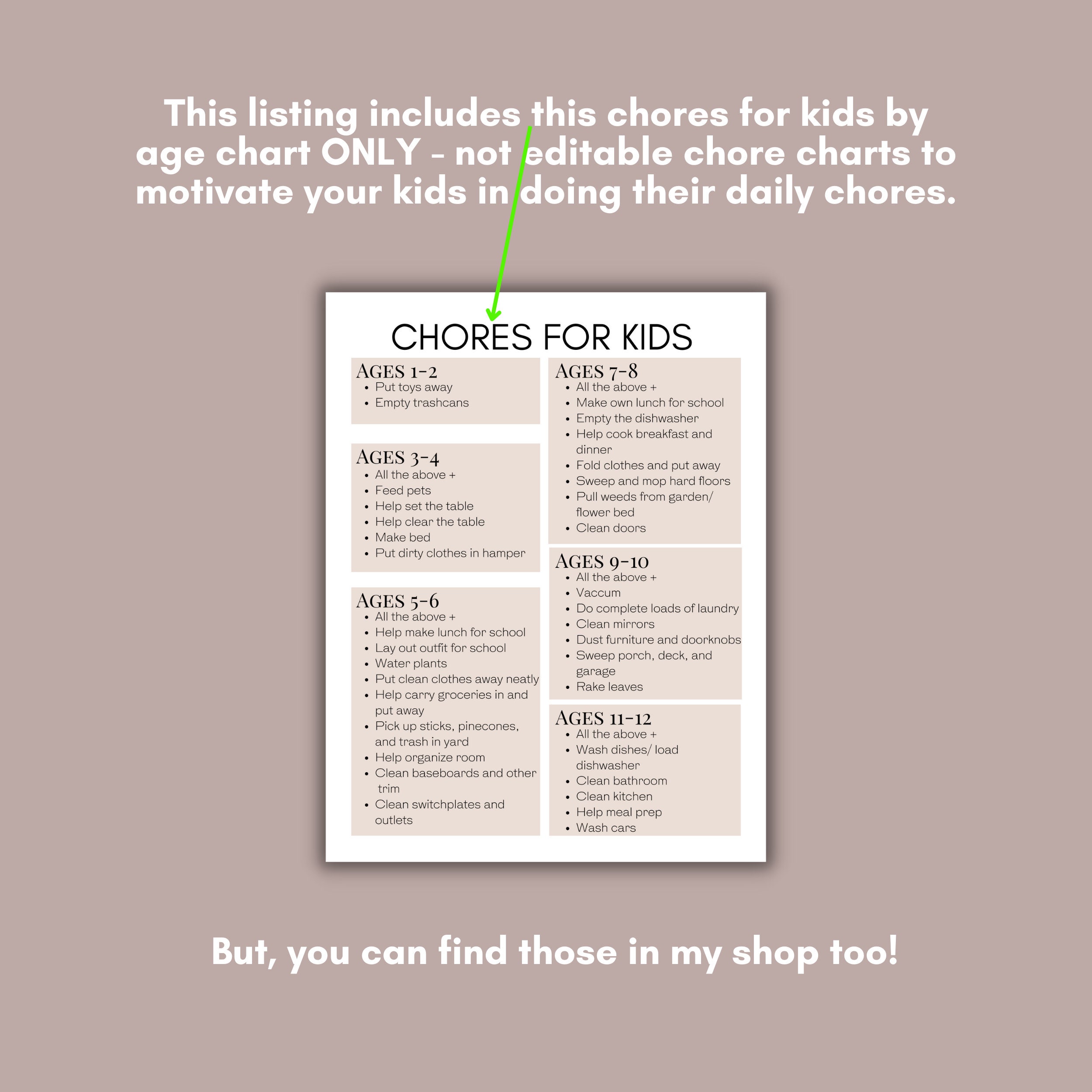 Light Pink Chores for Kids by Age Chart | Printable Age Appropriate ...