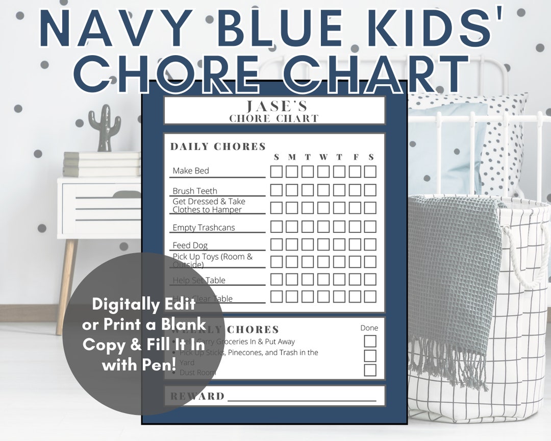 Navy Blue Chore Chart for Kids | Printable Kids Chore Chart | Editable ...
