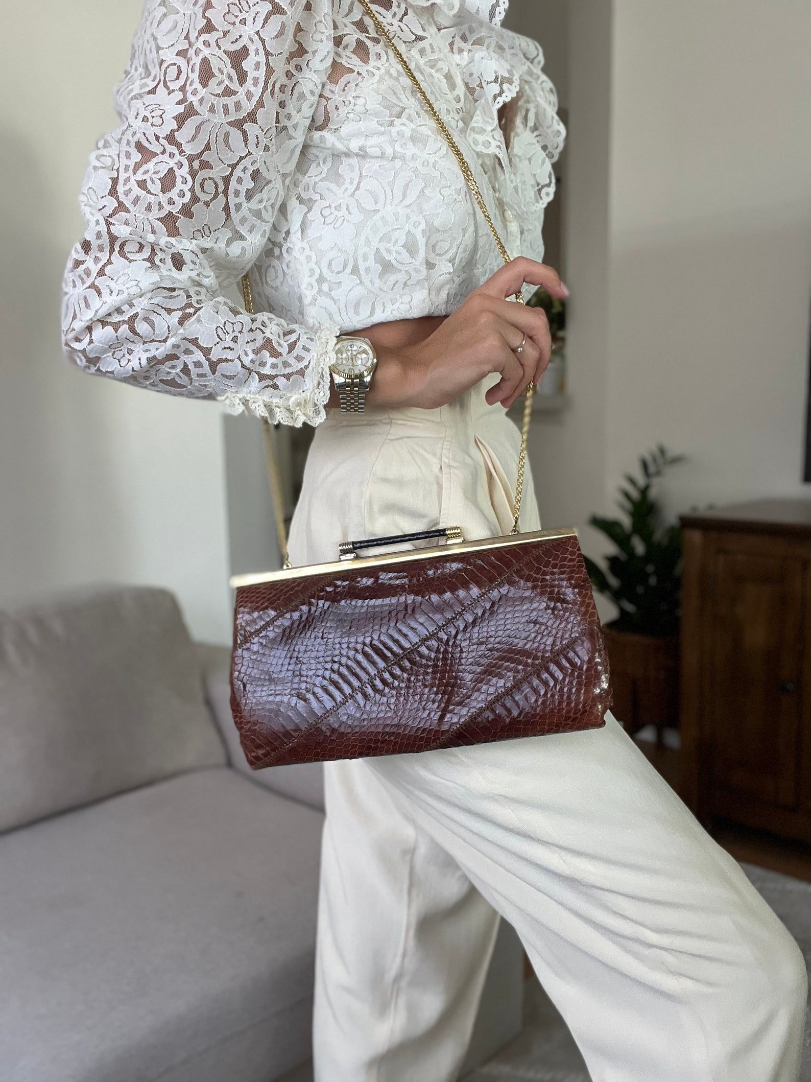 Vintage 90s Genuine Snake Leather Gold Toned Chain Bag - Etsy
