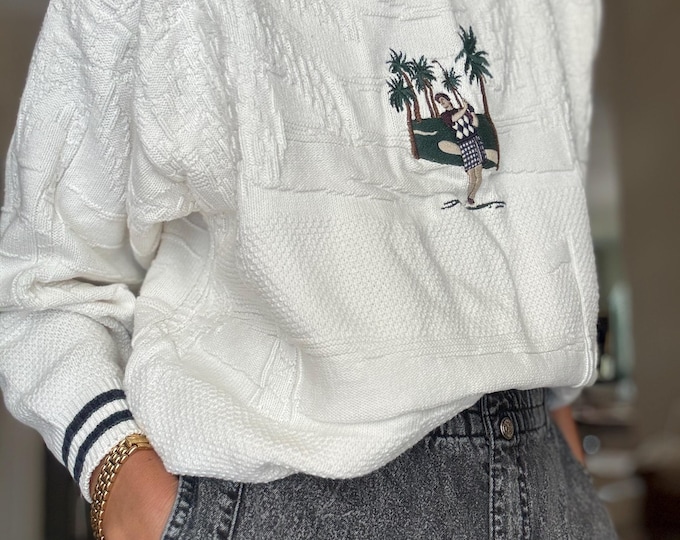 Vintage 90s Empowered Women’s Golf Sweater White Knit Pullover With ...
