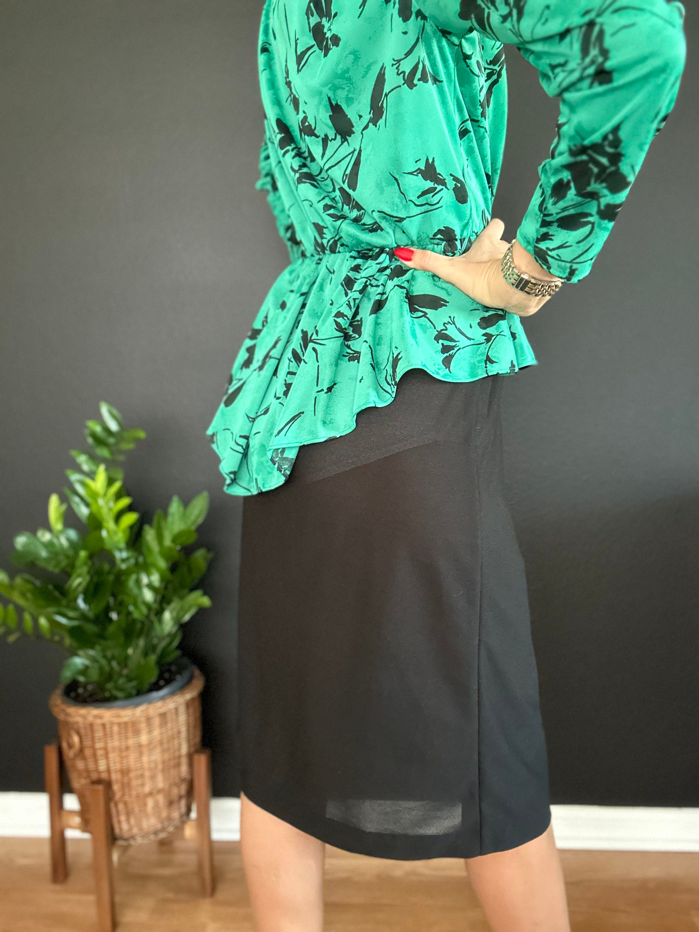 Vintage 70s Green Black Open Neck Puff Sleeves Peplum Blouse - Etsy