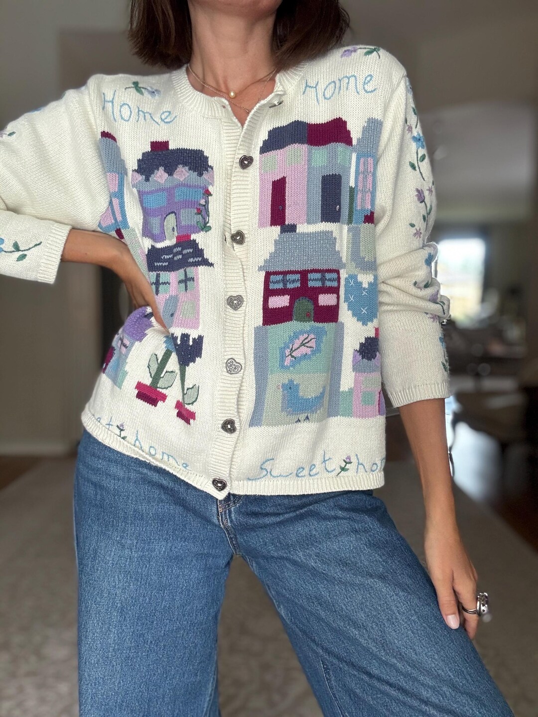 Vintage Home Sweet Home Cottagecore Cardigan Whimsicalknit Sweater With ...