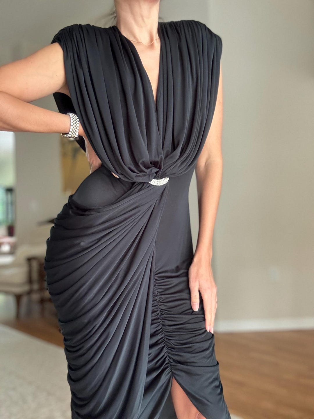 Vintage 90s Draped Black Evening Gown With Rhinestone Detail Timeless ...