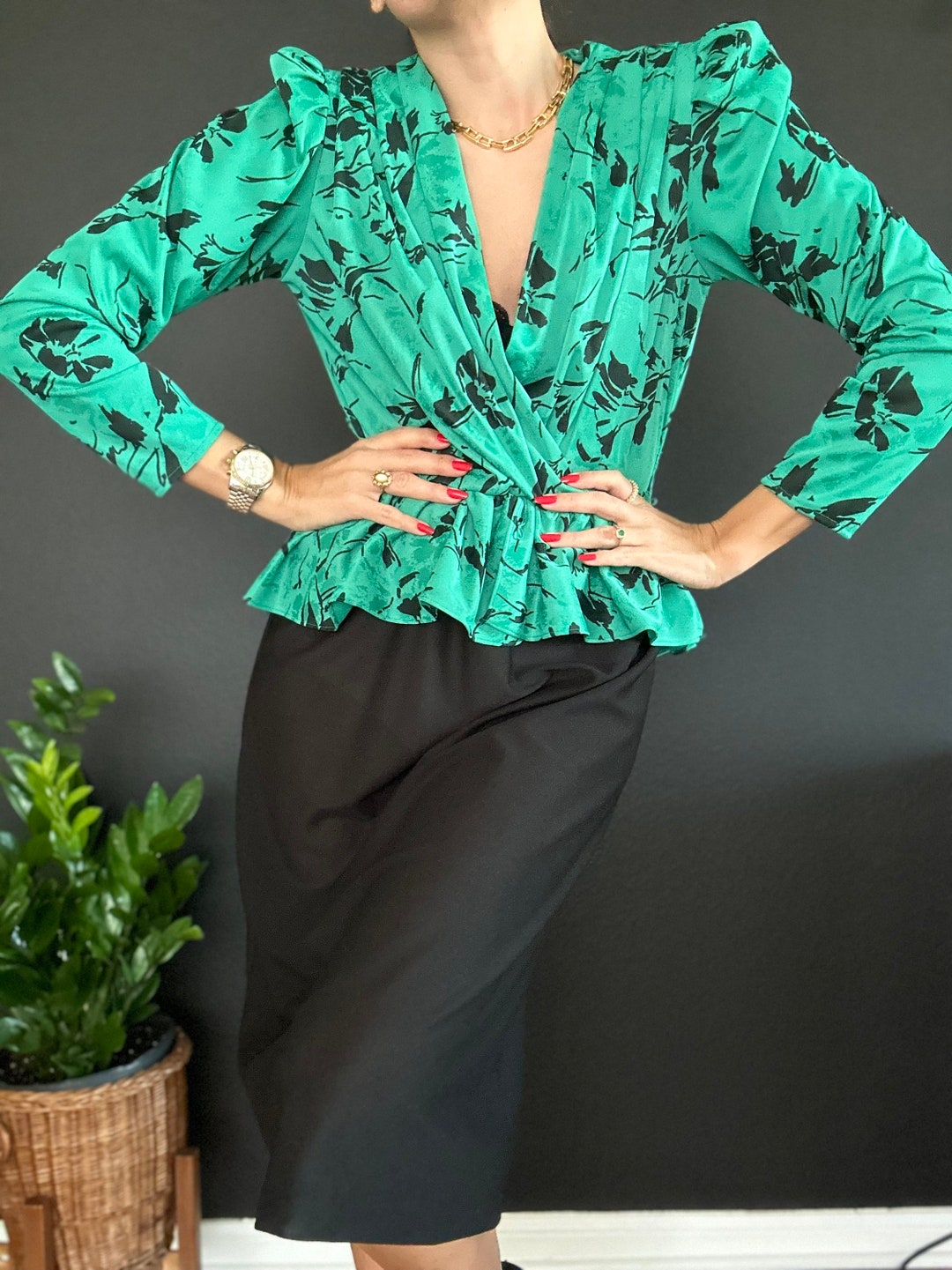 Vintage 70s Green Black Open Neck Puff Sleeves Peplum Blouse Dress - Etsy