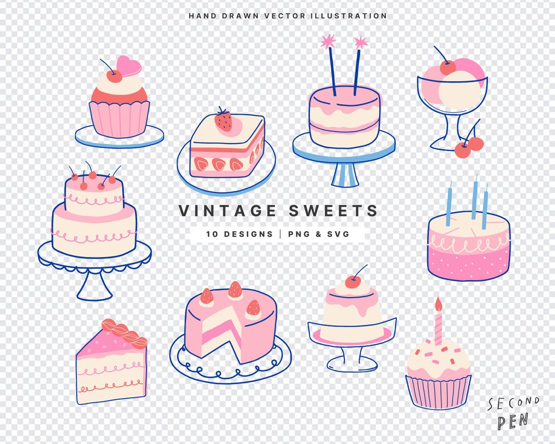 Vintage Sweets Desserts Hand Drawn Clipart, Cake Cupcake Strawberry ...