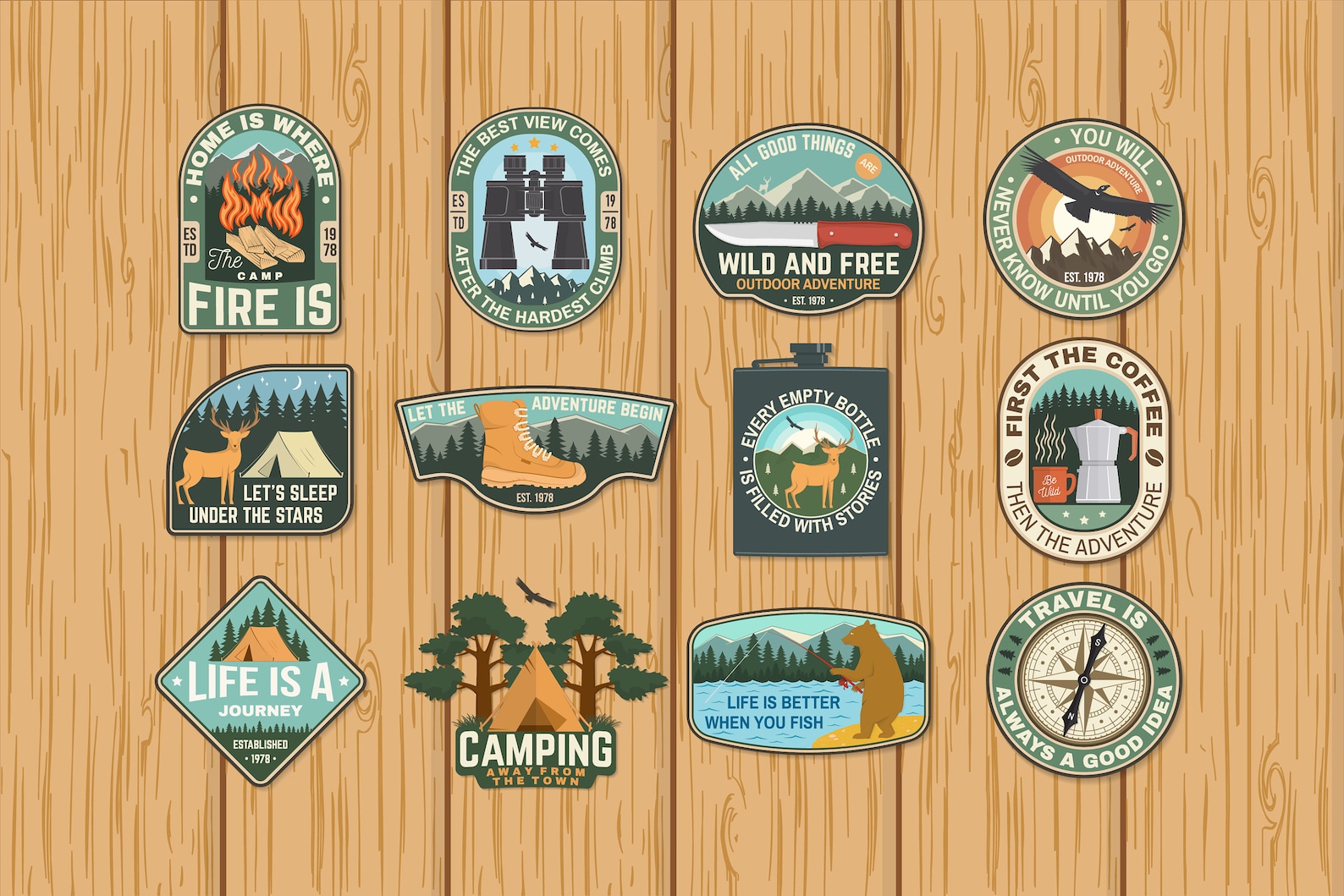 12 Camping Outdoor Adventure Sticker Pack for Laptop, Hiking Bag, Water ...