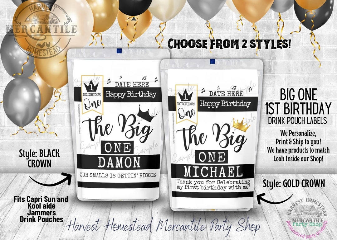 Notorious BIG One Crown First Birthday Party Labels for Drink Pouches ...