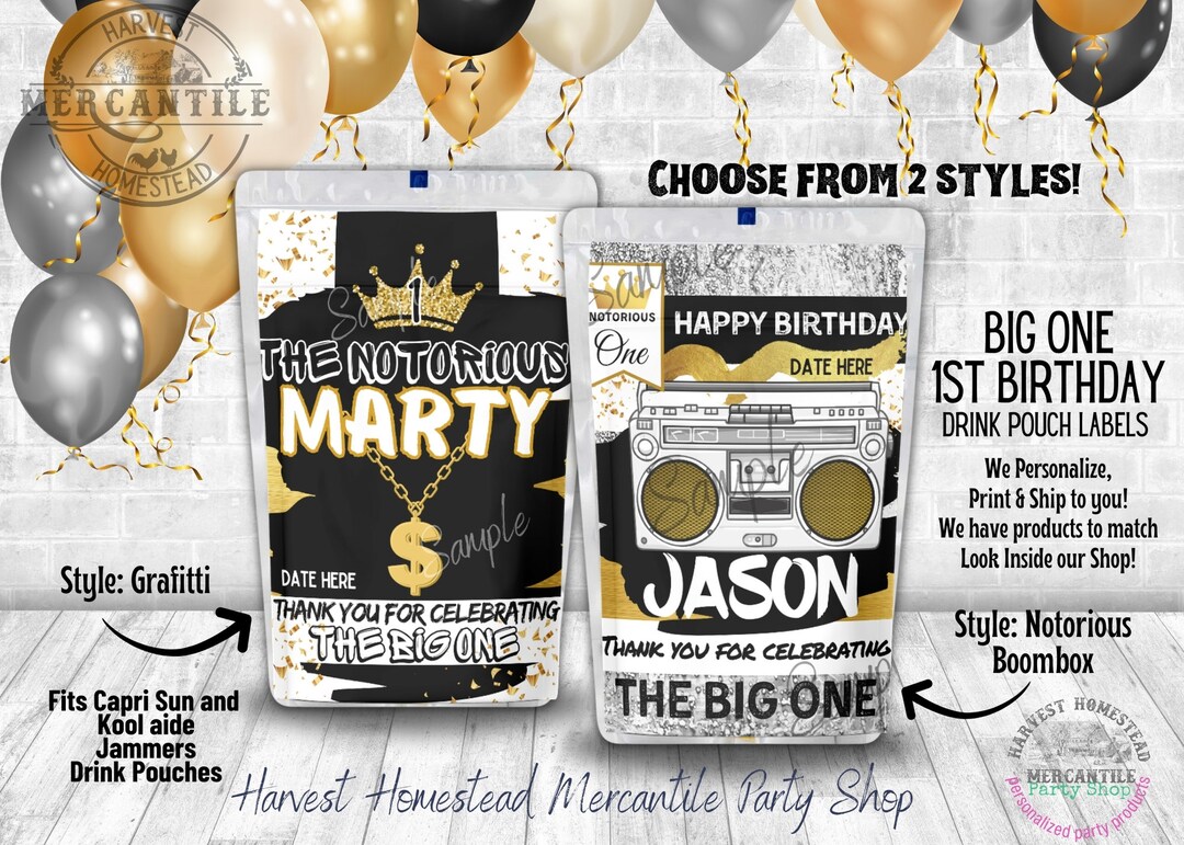 Notorious BIG One Crown First Birthday Party Labels for Drink Pouches ...