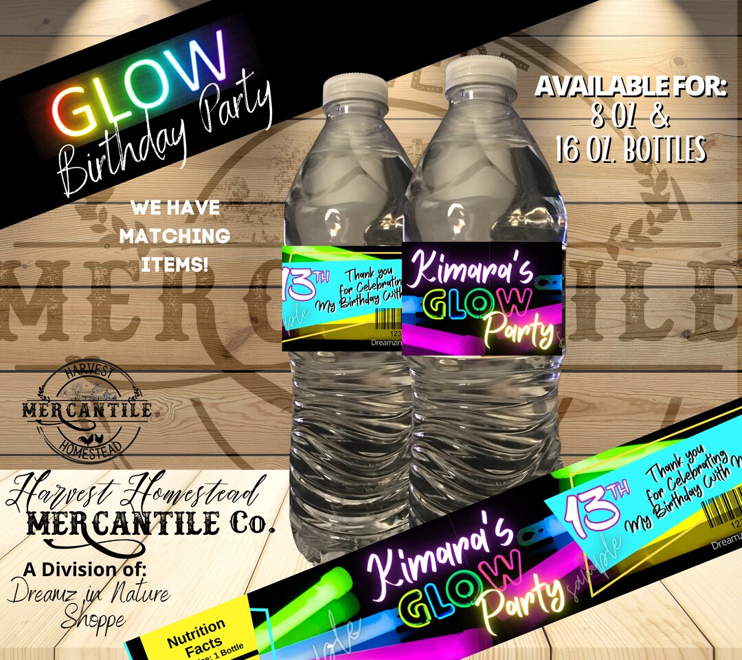 WATERPROOF Water Bottle Labels, GLOW Birthday, GLOW Party, Drink Labels ...