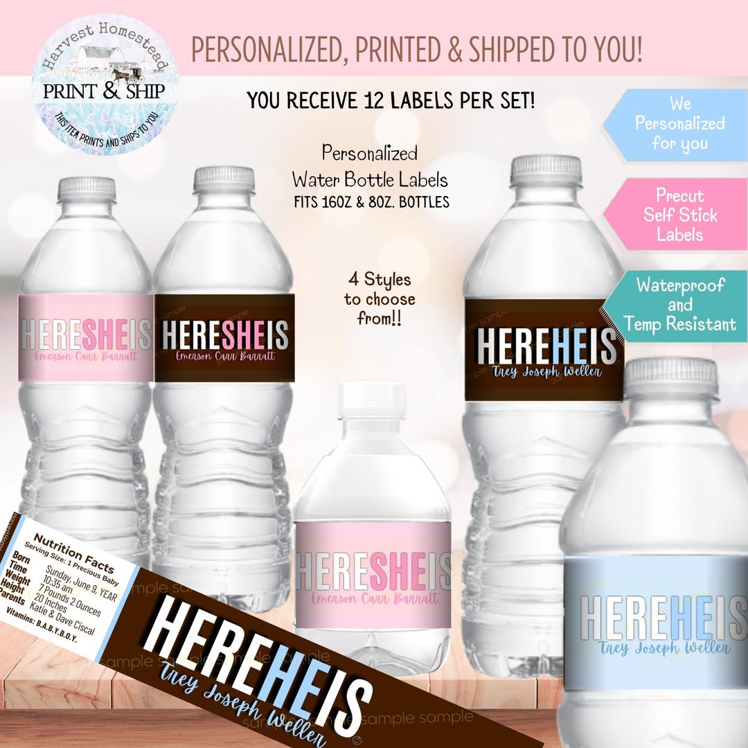 12 Birth Announcement Water Labels, Water Bottle Labels, Here He Is ...