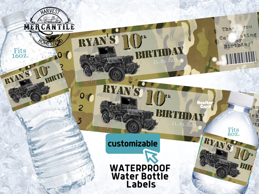 CAMOFLAUGE, ARMY, Jeep, WATERPROOF Labels, Birthday, Water Bottle ...