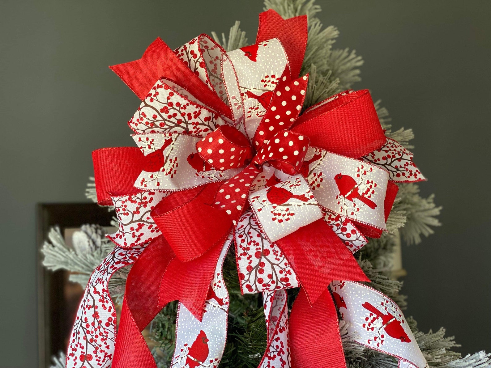 Cardinal Bow Christmas Tree Topper, Red Bird Bow, Red and White Decor ...