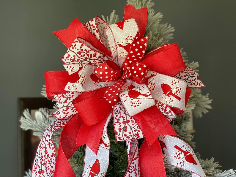 Cardinal Bow Christmas Tree Topper, Red Bird Bow, Red and White Decor ...