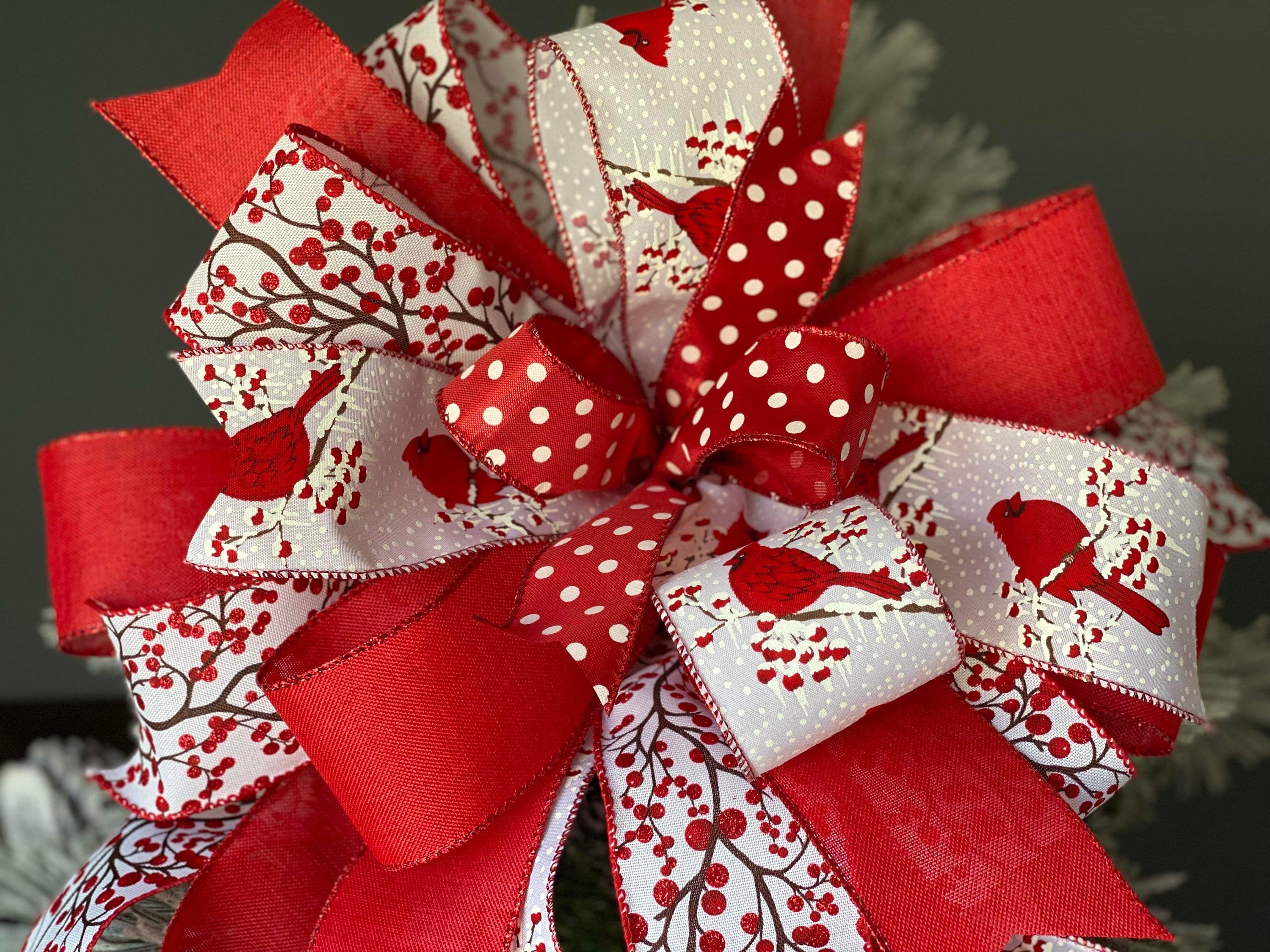 Cardinal Bow Christmas Tree Topper, Red Bird Bow, Red and White Decor ...