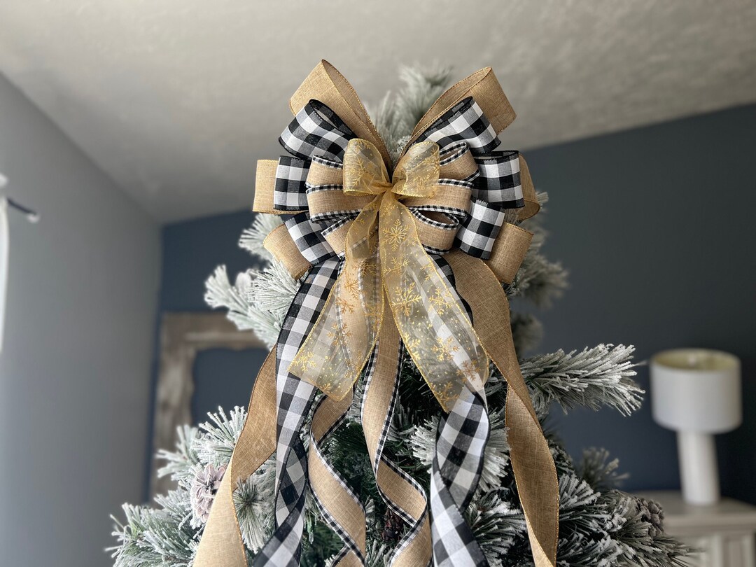Rustic Christmas Tree Bow, Plaid Bow Tree Topper, Black Buffalo Check ...