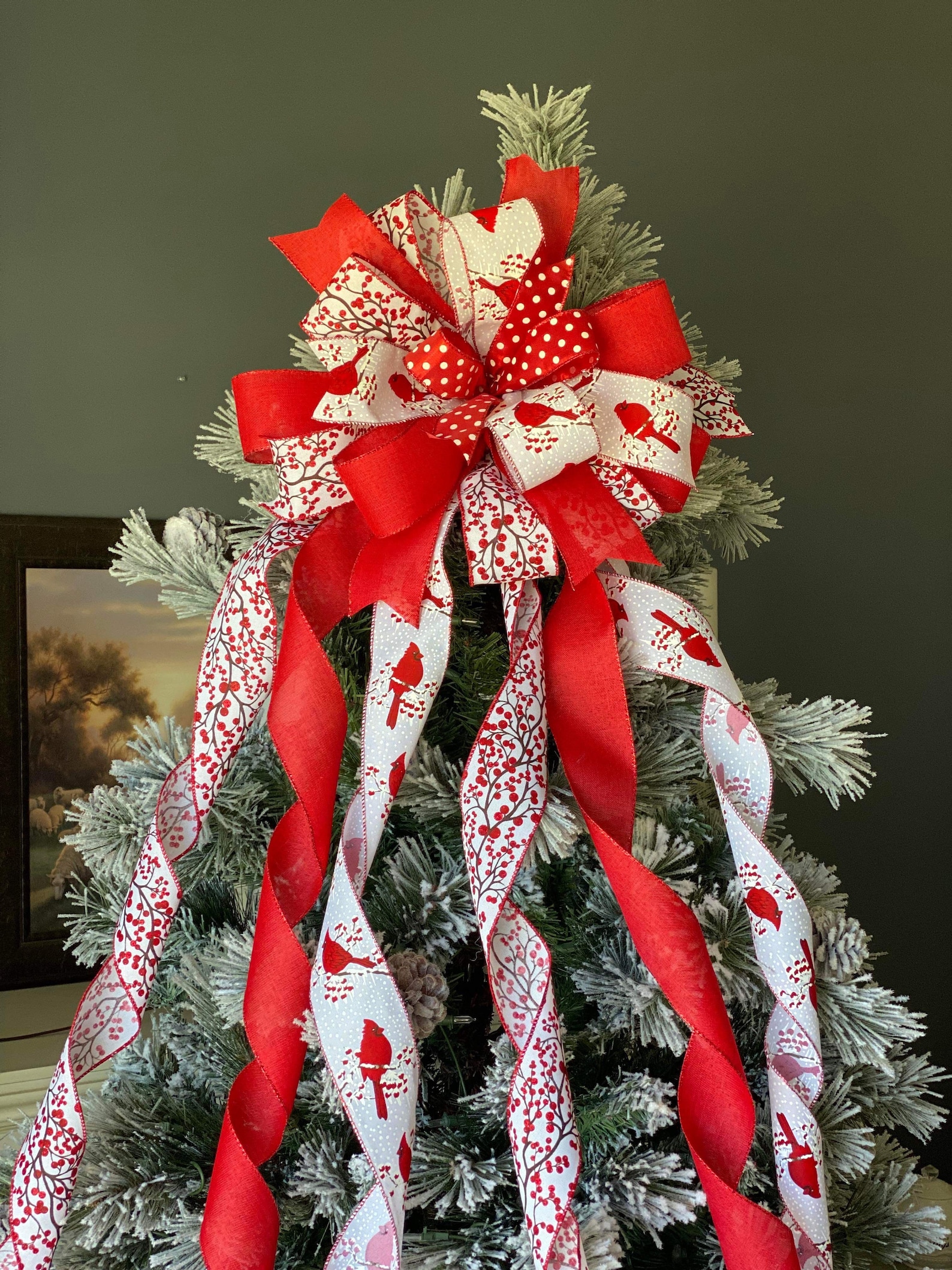 Cardinal Bow Christmas Tree Topper, Red Bird Bow, Red and White Decor ...