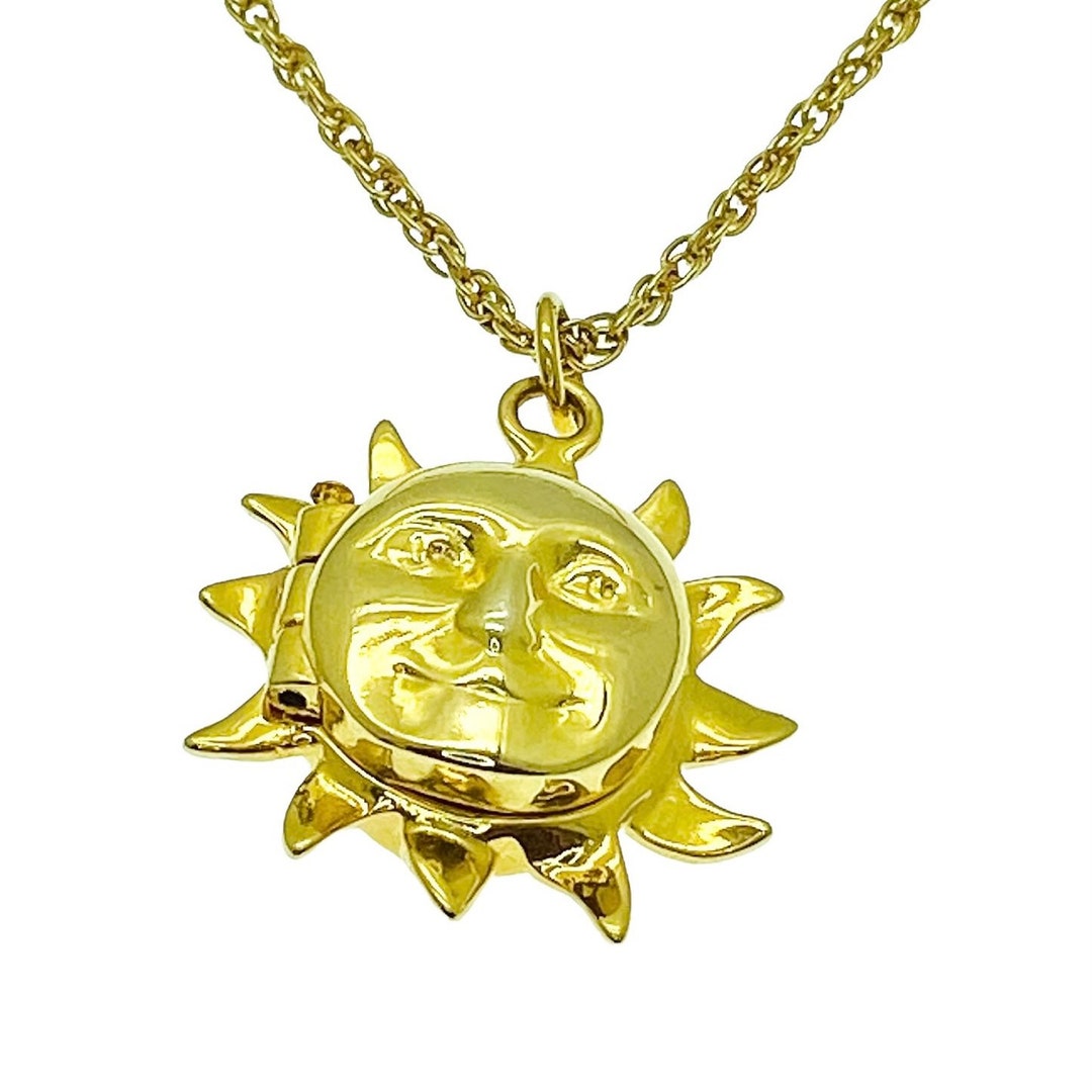 Sun Face Locket Necklace, Long Gold Plated Chain With 3D Pendant ...