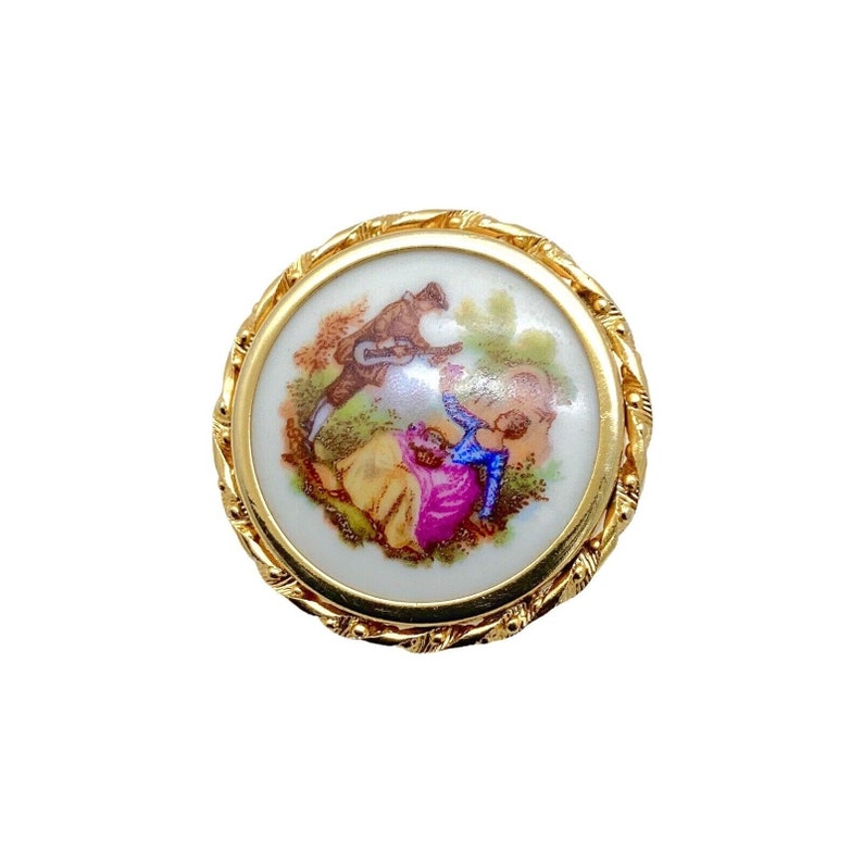 1940s Limoges Fragonard Round Brooch Pin, Courting Couple, Transfer ...