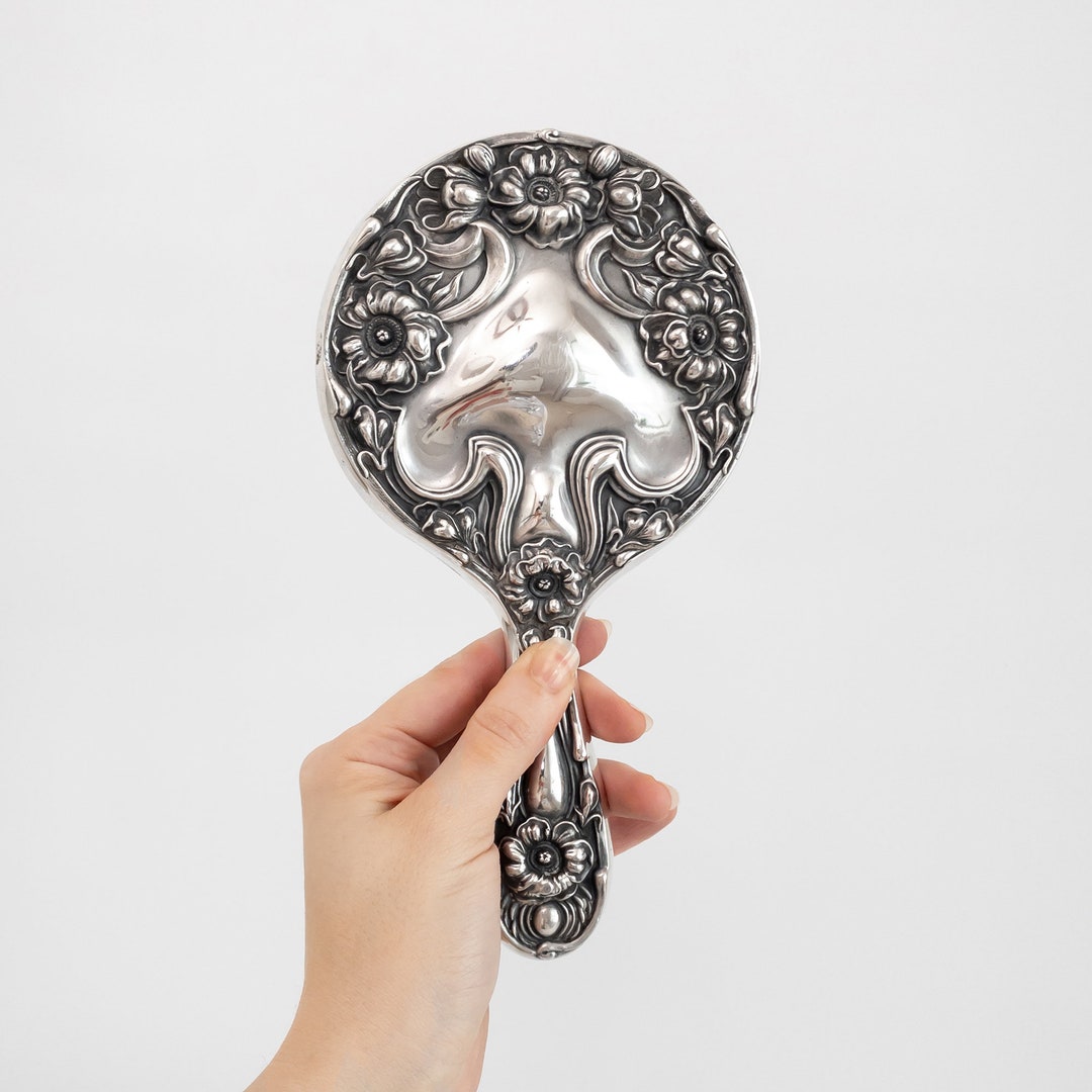 Antique Sterling Silver Hand Mirror With Floral Art Nouveau Repousse of ...