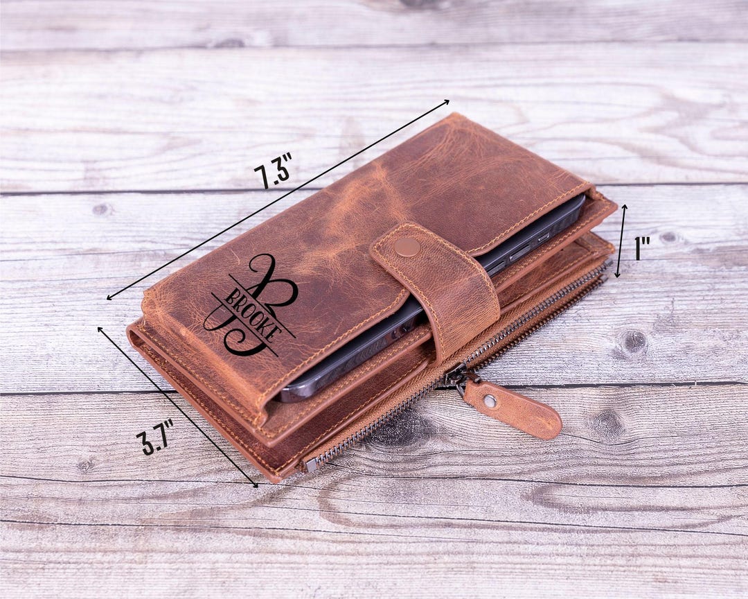 Personalized Leather Phone Wallet, Zippered Purse, Custom Engraved Gift ...