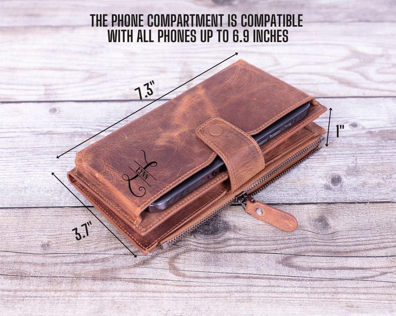 Personalized Leather Phone Wallet, Zippered Purse, Custom Engraved Gift ...