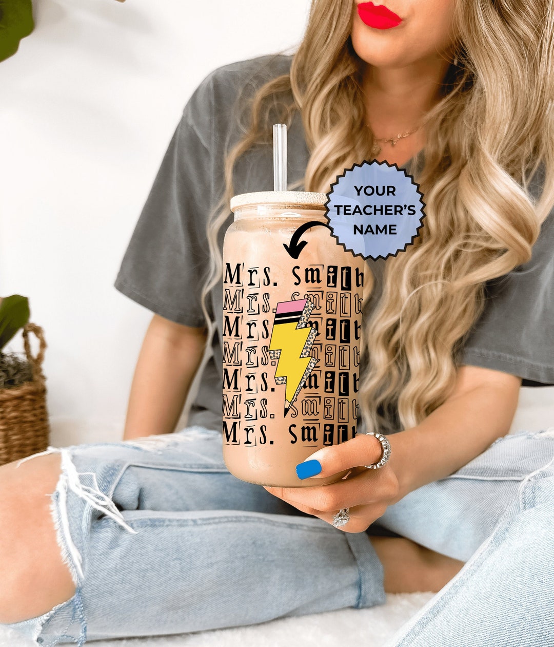 Personalized Retro Teacher Cup, Custom Teacher Glass Coffee Cup With ...