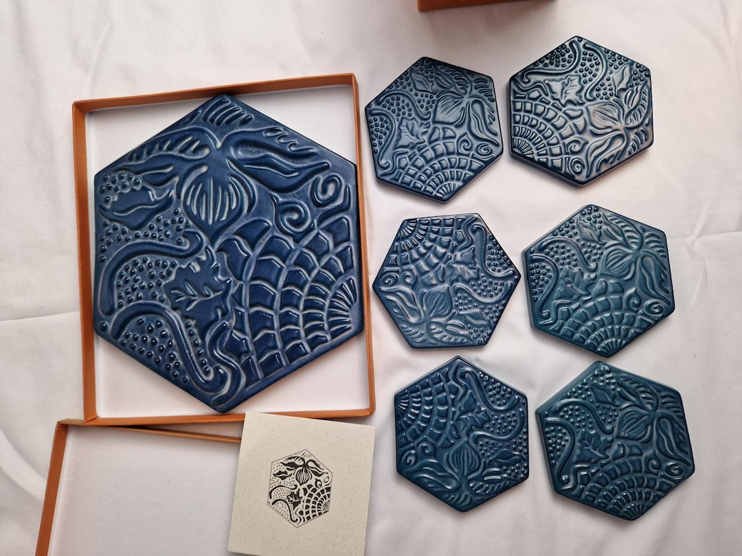 Set of Coasters + Big Tile Hydraulic Mosaic Tile Gaudi Catalan Ceramic ...