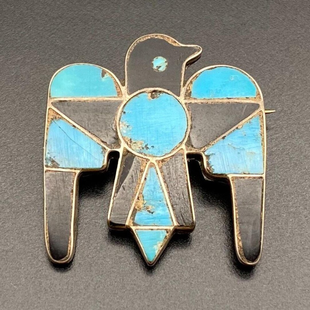Vintage Zuni Native Thunderbird Turquoise Inlay Silver Pin Brooch - Etsy