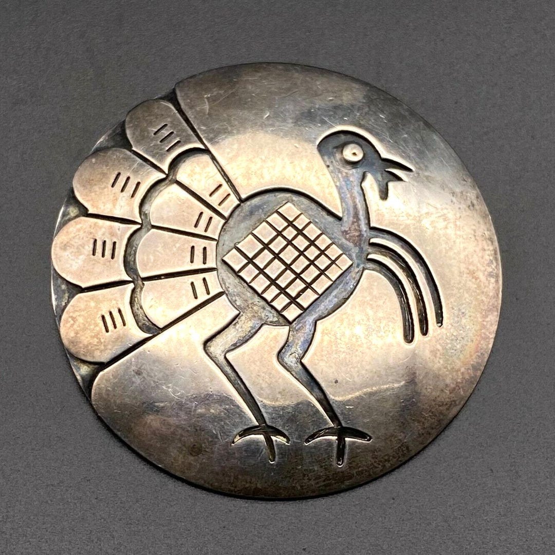 Vintage Hopi Victor Coochwytewa Native Silver Turkey Bird Round Pendant ...