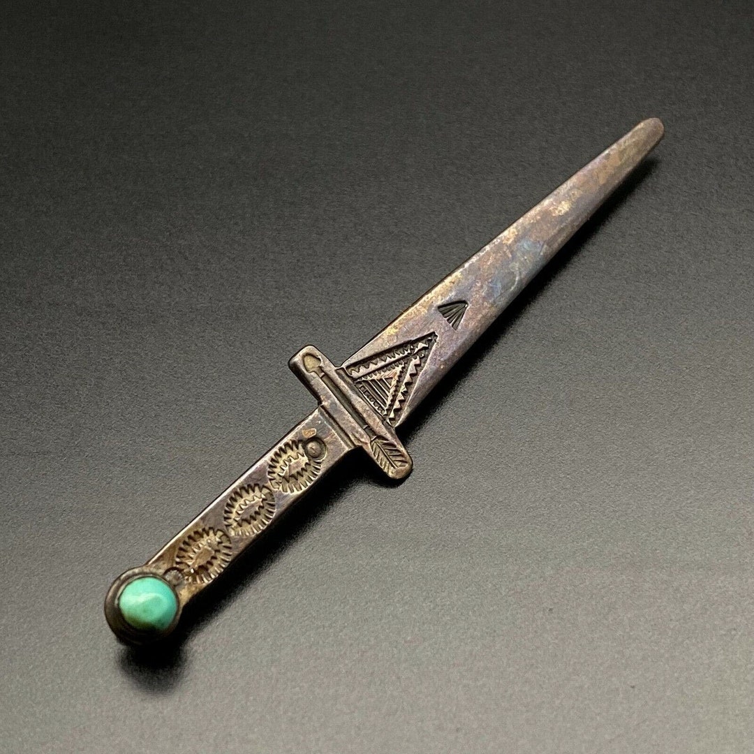 Vintage Navajo Turquoise Hand Stamped Arrow Sword Silver Brooch Pin - Etsy