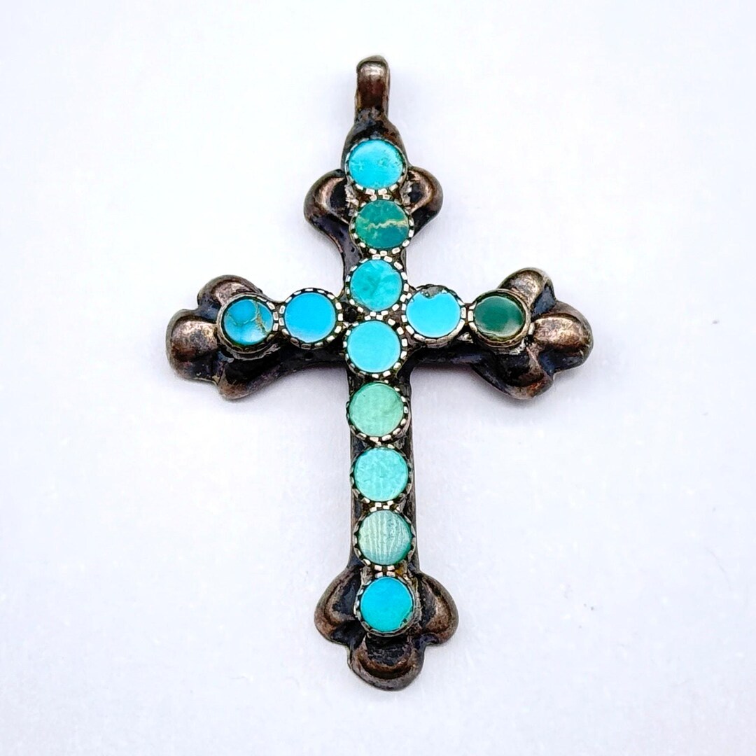 Petite Vintage Zuni Native Cross Turquoise Inlay Silver Pendant - Etsy