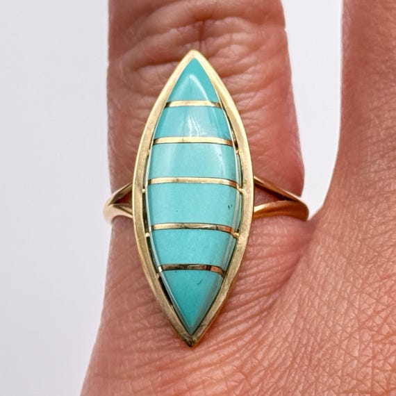 Vintage Zuni Native Turquoise Inlay 14K Gold Ring Siz… - Gem