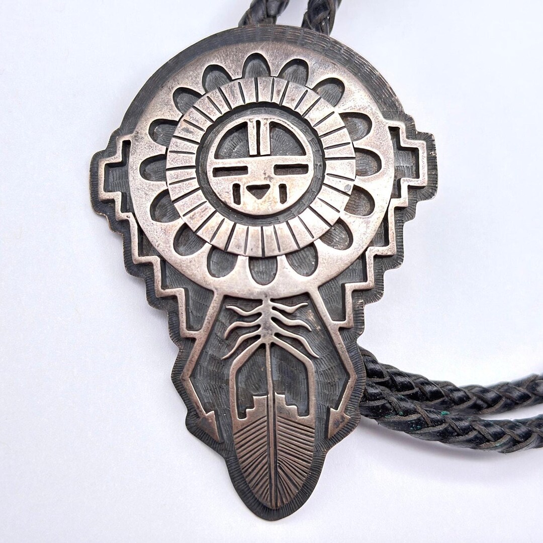 Vintage Hopi Gene Pooyouma Native Sun Face Kachina Feather Silver Bolo ...