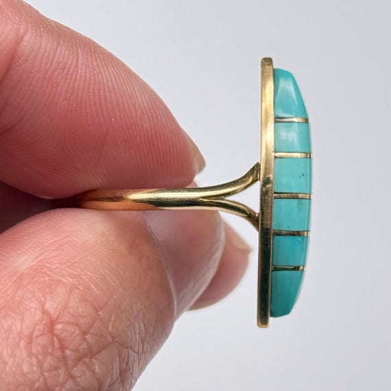 Vintage Zuni Native Turquoise Inlay 14K Gold Ring Siz… - Gem
