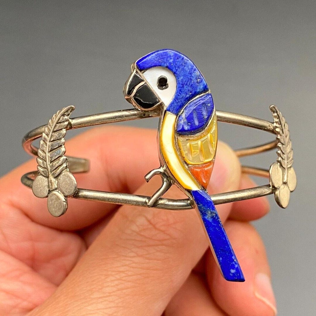 Vintage Zuni Parrot Bird Lapis Coral MOP Silver Bracelet Cuff Small 5-7 ...
