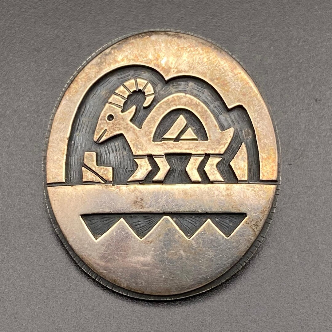 Vintage Hopi Andrew Saufkie Goat Sheep Native Silver Pin Brooch Pendant ...