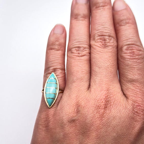 Vintage Zuni Native Turquoise Inlay 14K Gold Ring Siz… - Gem