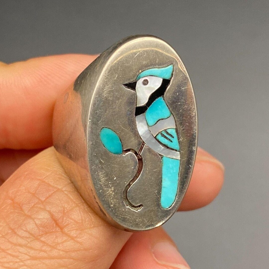 Vintage Zuni Blue Jay Bird Turquoise MOP Native Silver Ring Size 10 - Etsy