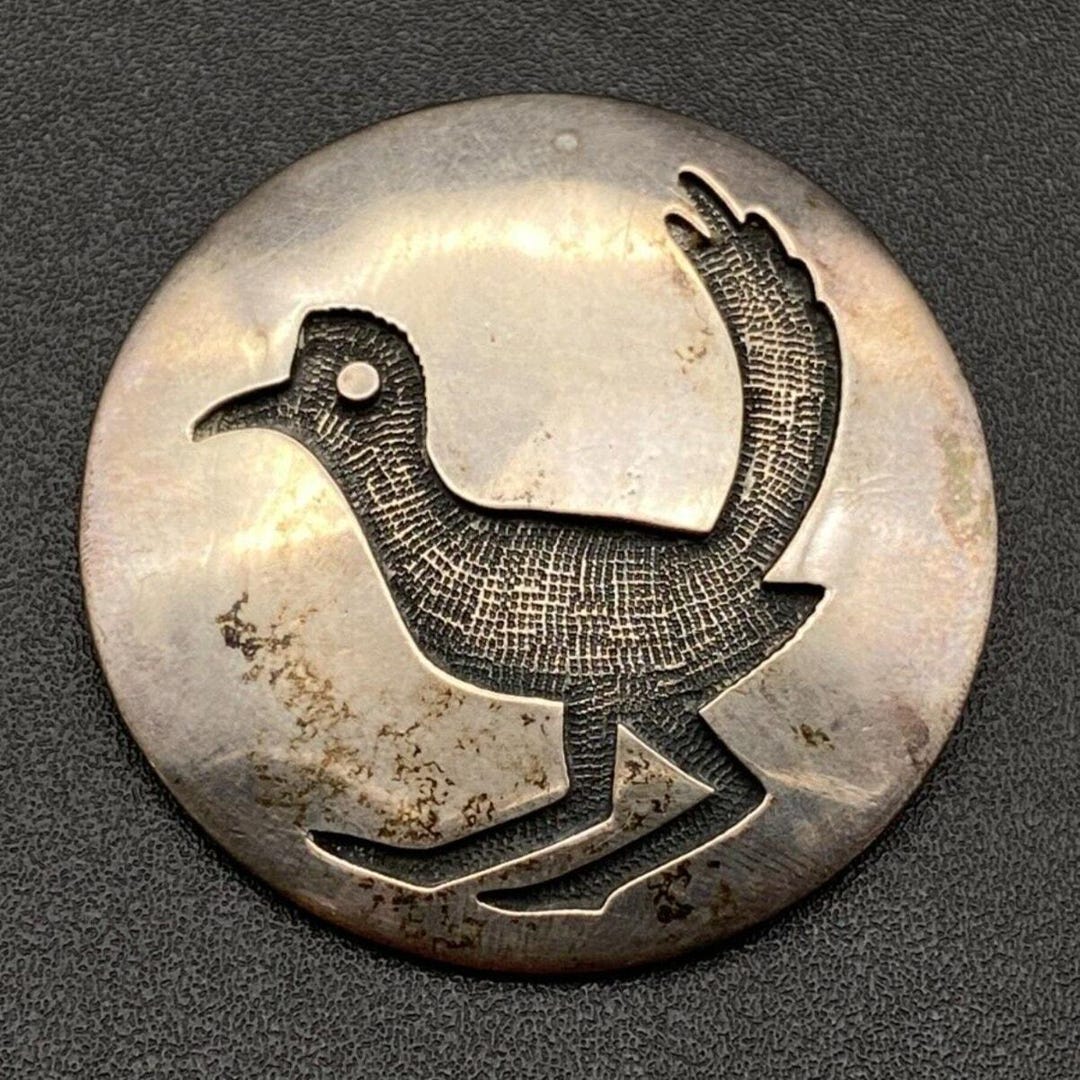 Vintage Hopi Leroy Kewanyama Native Roadrunner Bird Round Silver Pin ...