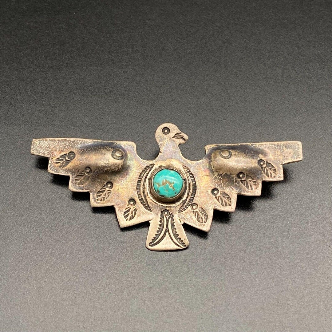 Vintage Navajo Thunderbird Turquoise Hand Stamp Silver Feather Silver Brooch Pin - Etsy