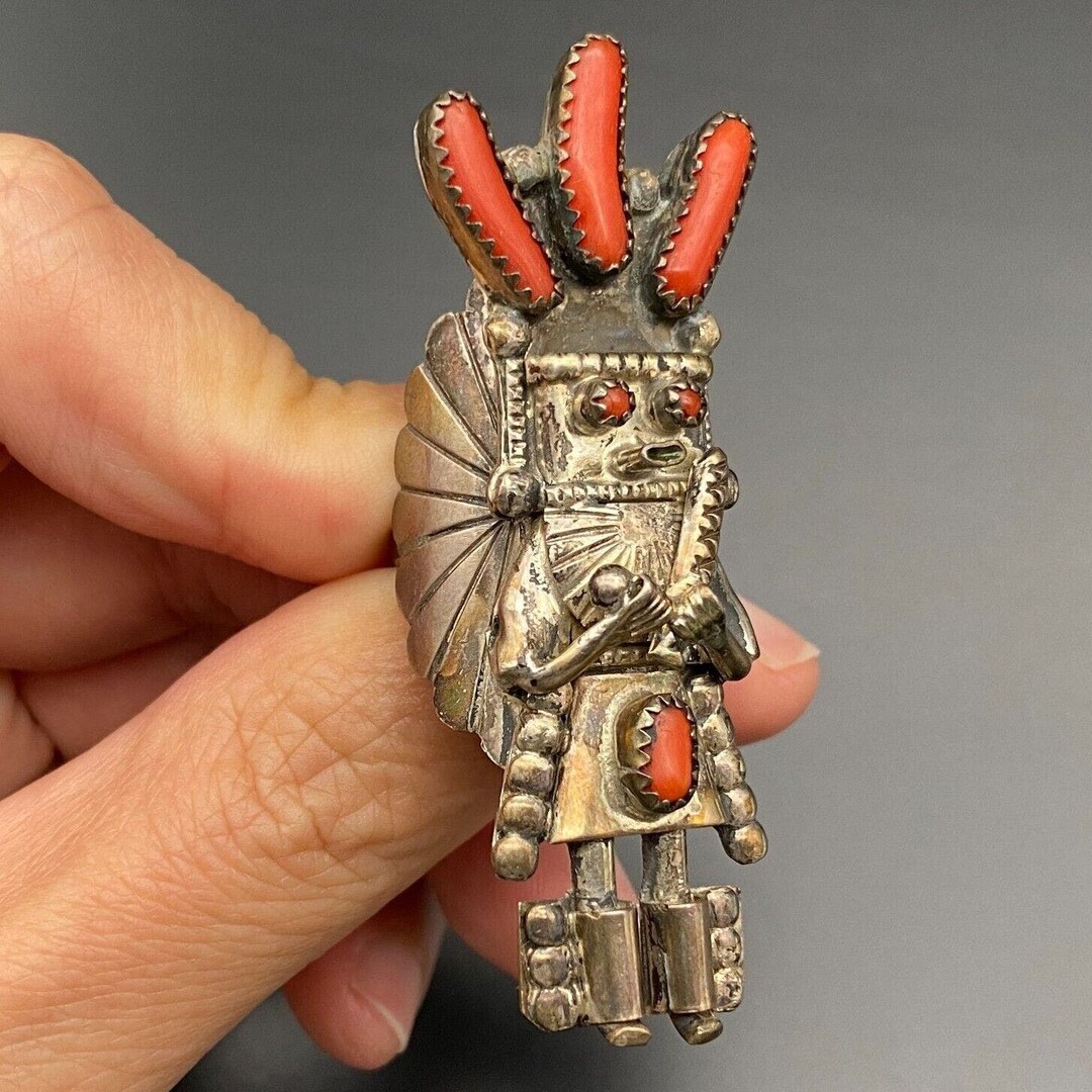 Vintage Zuni Native Kachina Coral Silver Ring Size 6.75 - Etsy