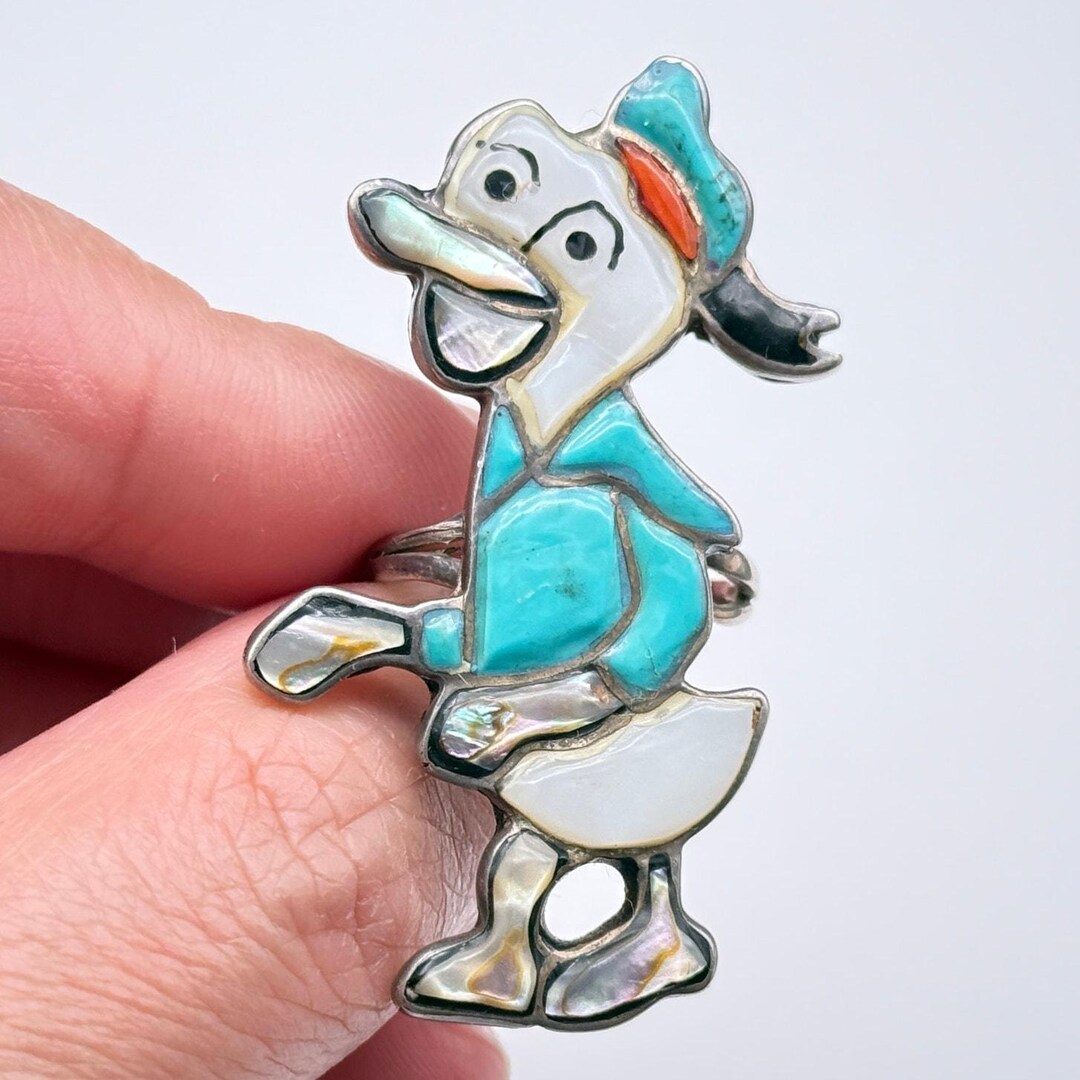 Vintage Zuni Zunitoon Native Duck Turquoise Coral MOP Inlay Silver Ring ...