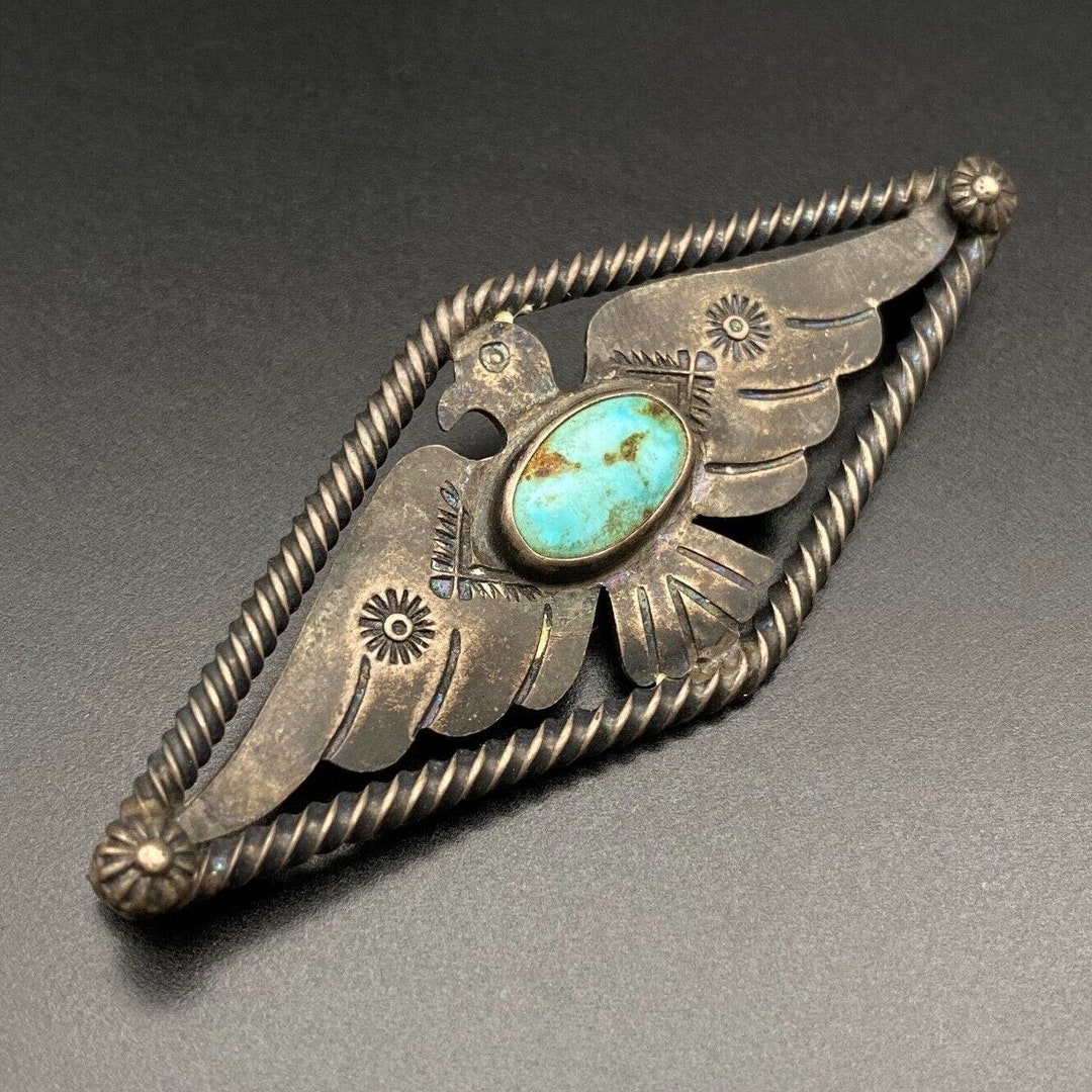 Vintage Navajo Concho Thunderbird Turquoise Hand Stamped Silver Brooch ...