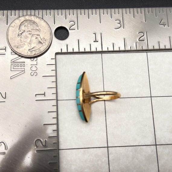 Vintage Zuni Native Turquoise Inlay 14K Gold Ring Siz… - Gem