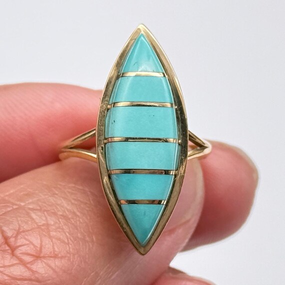 Vintage Zuni Native Turquoise Inlay 14K Gold Ring Siz… - Gem