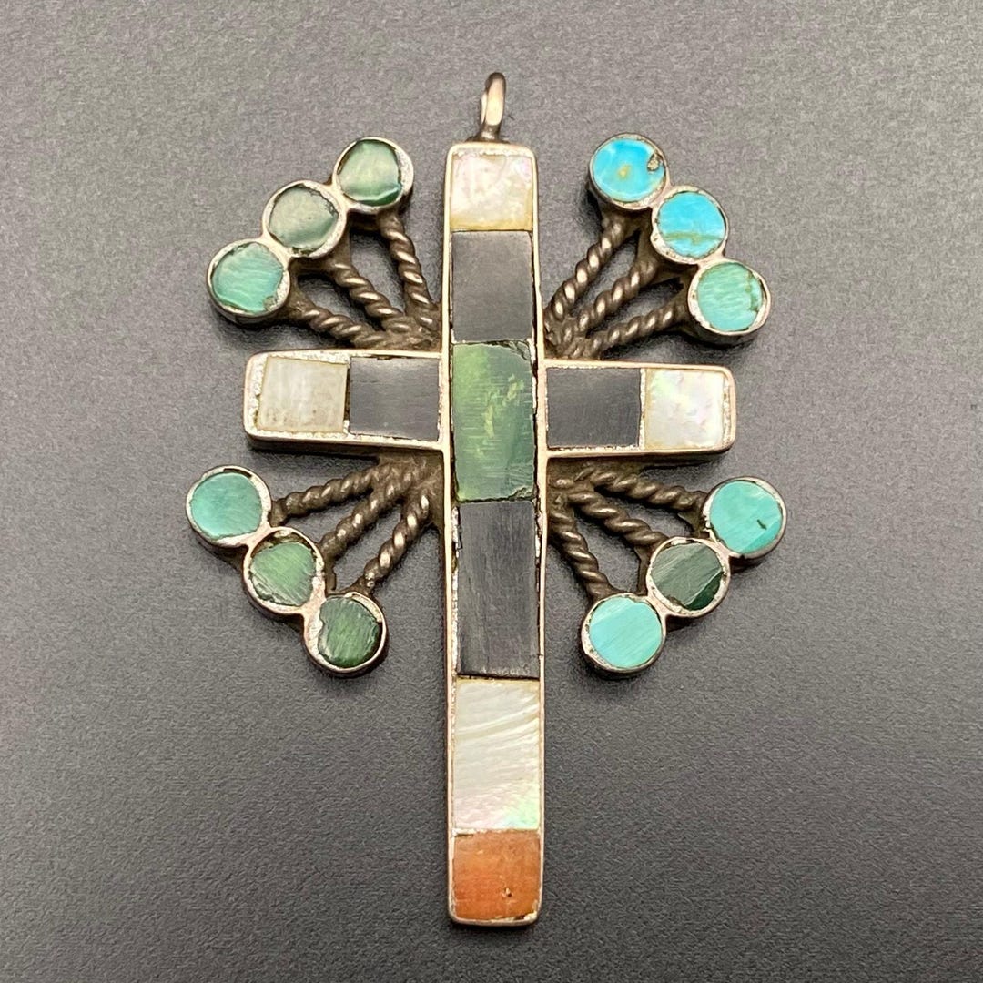 Vintage Zuni Native Cross Turquoise Coral MOP Jet Inlay Silver Pendant ...