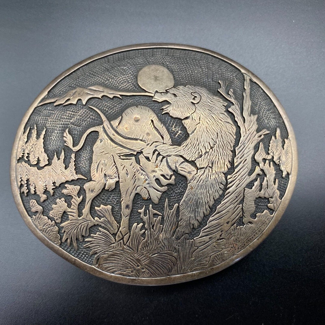 Vintage Navajo Richard Jim Bear Bull Fight Sterling Silver Belt Buckle ...