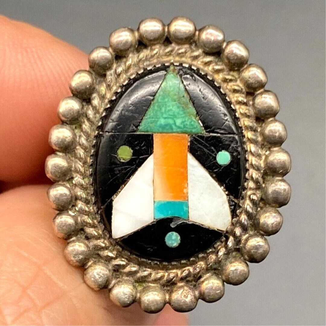 Vintage Zuni Native Arrow Turquoise Coral MOP Inlay Silver Ring Size 7. ...