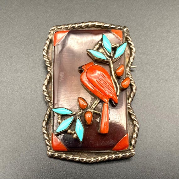 Vintage Zuni Native Cardinal Bird Coral Turquoise Sil… - Gem